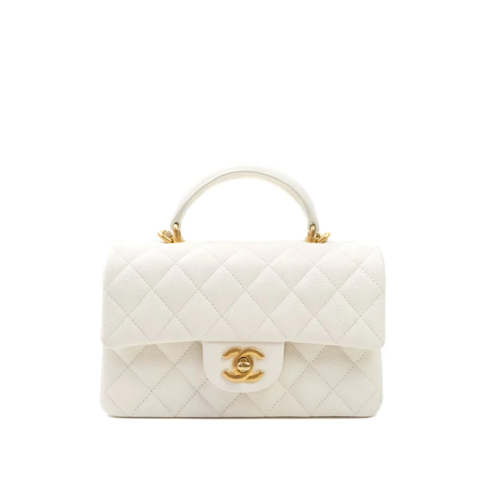 CHANEL 21S WHITE CAVIAR MINI WITH TOP HANDLE AGED GOLD HW